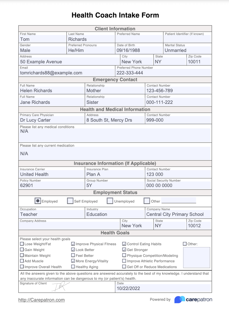 Health Coach Intake Form Template Free PDF Download